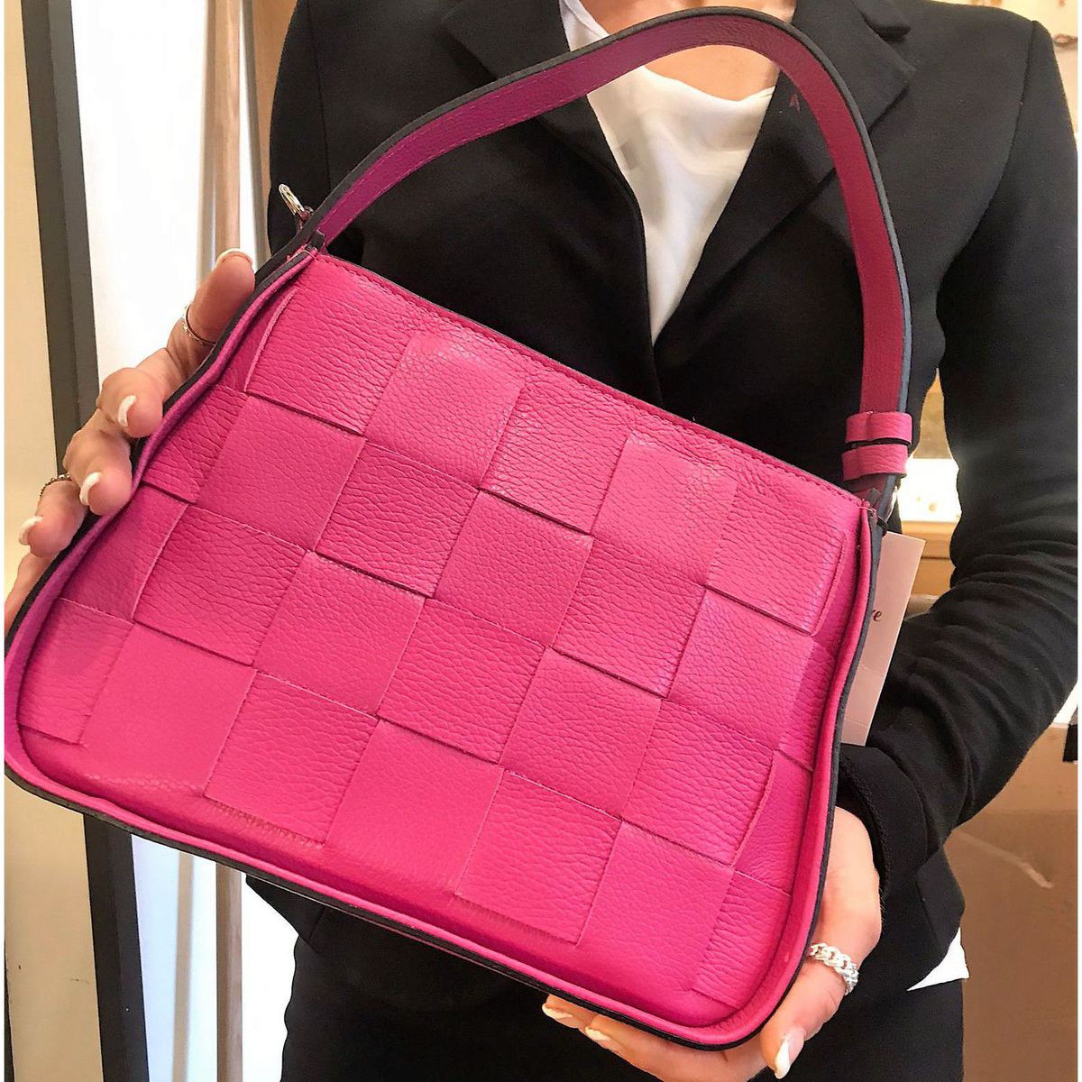 Borsa pelle intreccio quadrato fuxia BRASS Workshop bp01